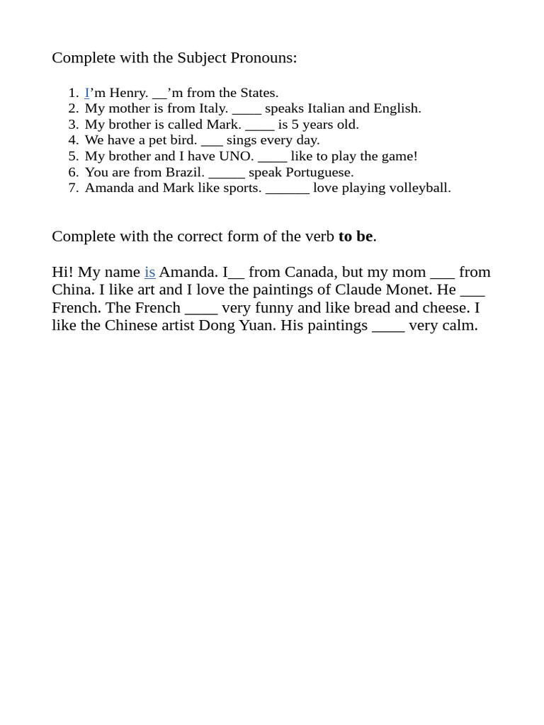 Subject Pronouns and To Be | PDF