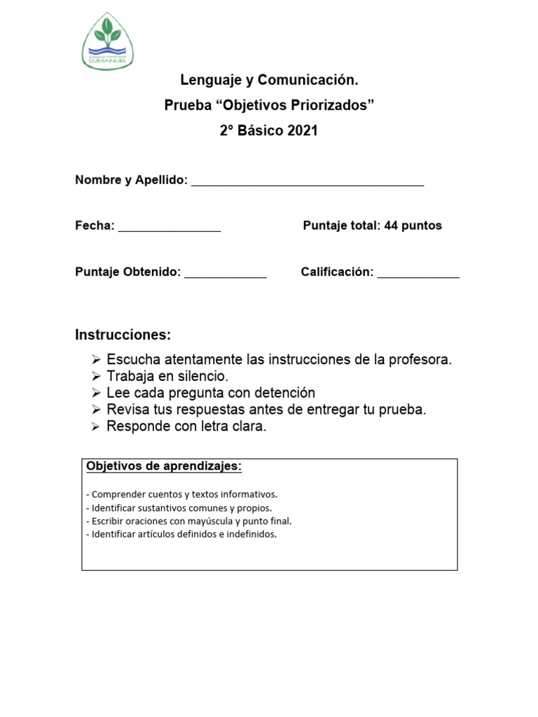 Evaluacio_n Lenguaje 2º Ba_sico (1) | PDF