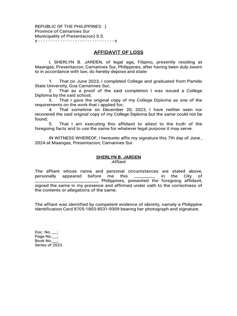 Affidavít of Loss Final | PDF