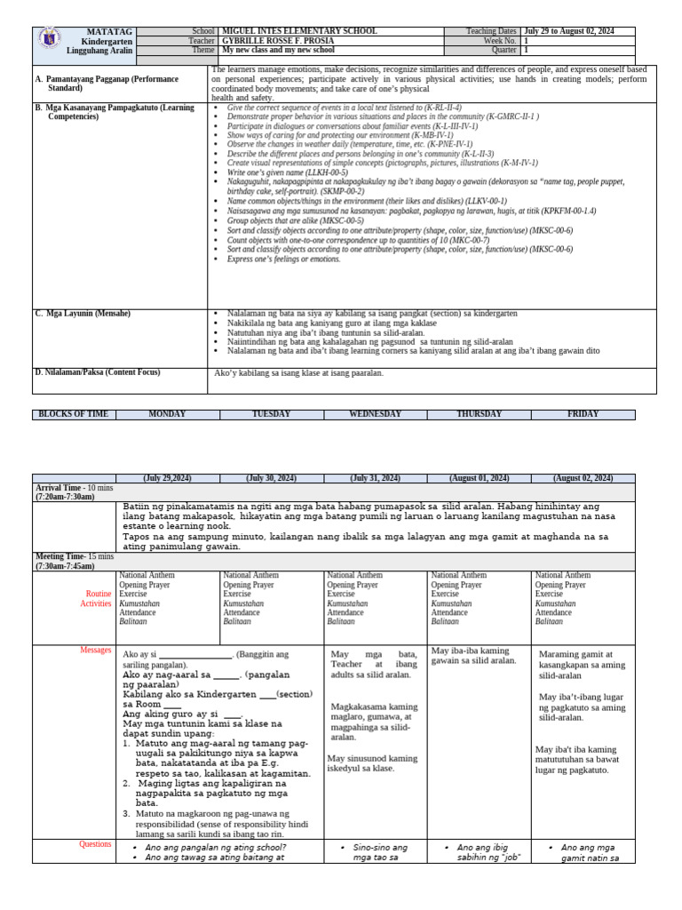 Kindergarten DLL Matatag Week 1 | PDF