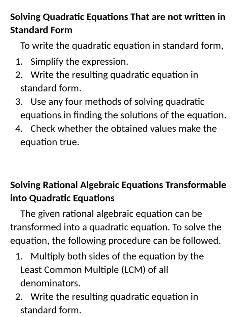 Solving Quadratic Equations That are not written in Standard Form | PDF