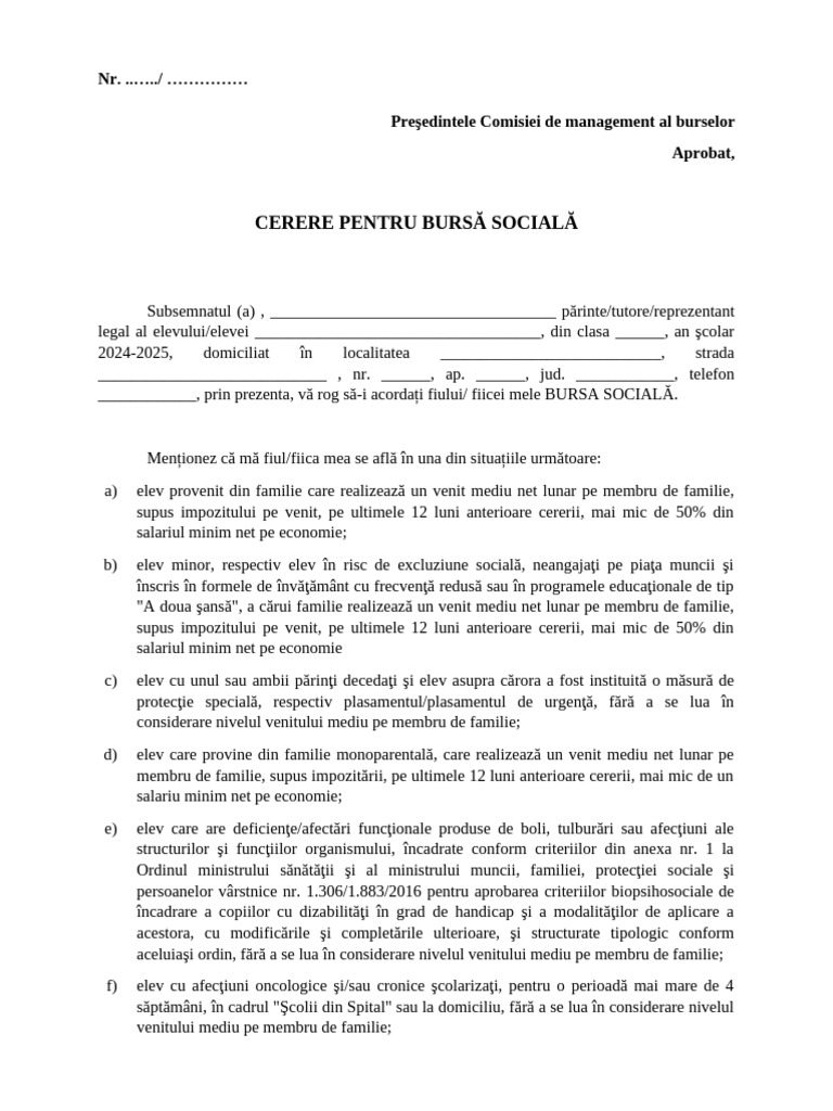F-07-PO-C.57 Model Cerere Pentru Acordarea Bursei Sociale 2024-2025 | PDF