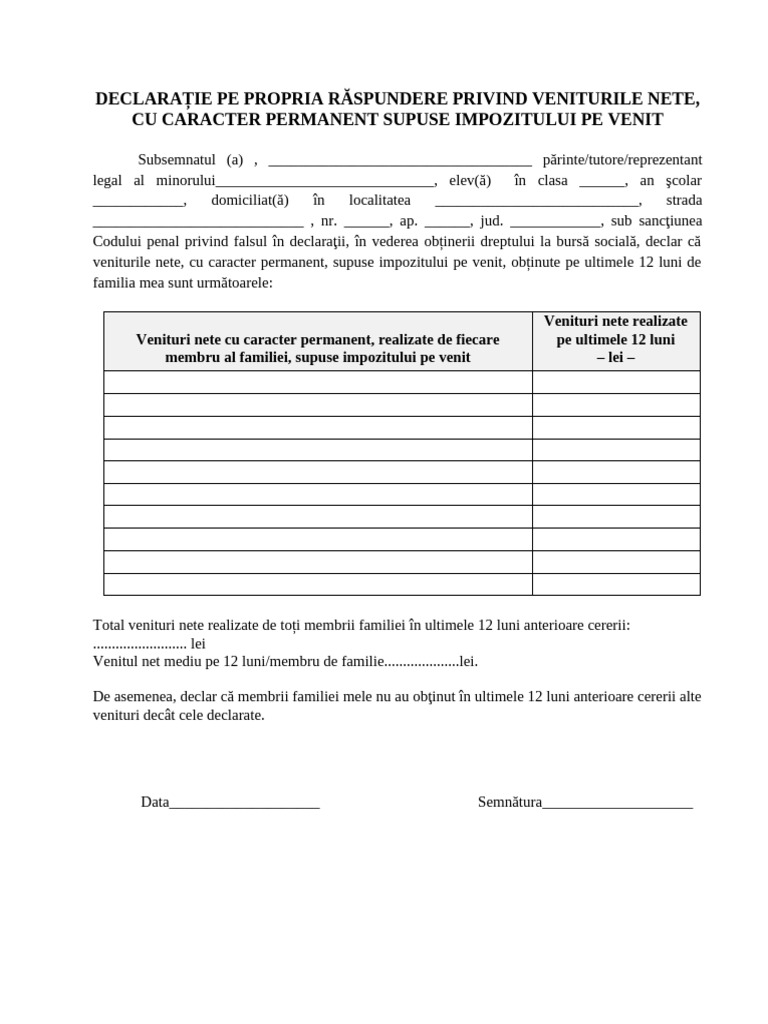 F-10-PO-C.57 Model Declaratie Pe Propria Raspundere Privind Veniturile Nete Elev Minor 2024-2025 ...