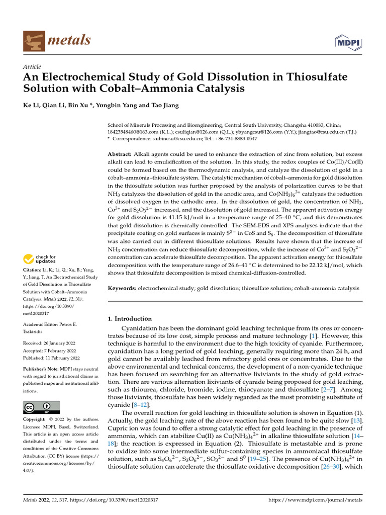An Electrochemical Study of Gold Dissolution in Thiosulfate Solution ...