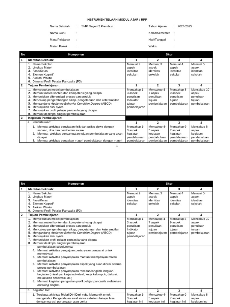 Instrumen Validasi RPP - Modul Ajar 2024 | PDF