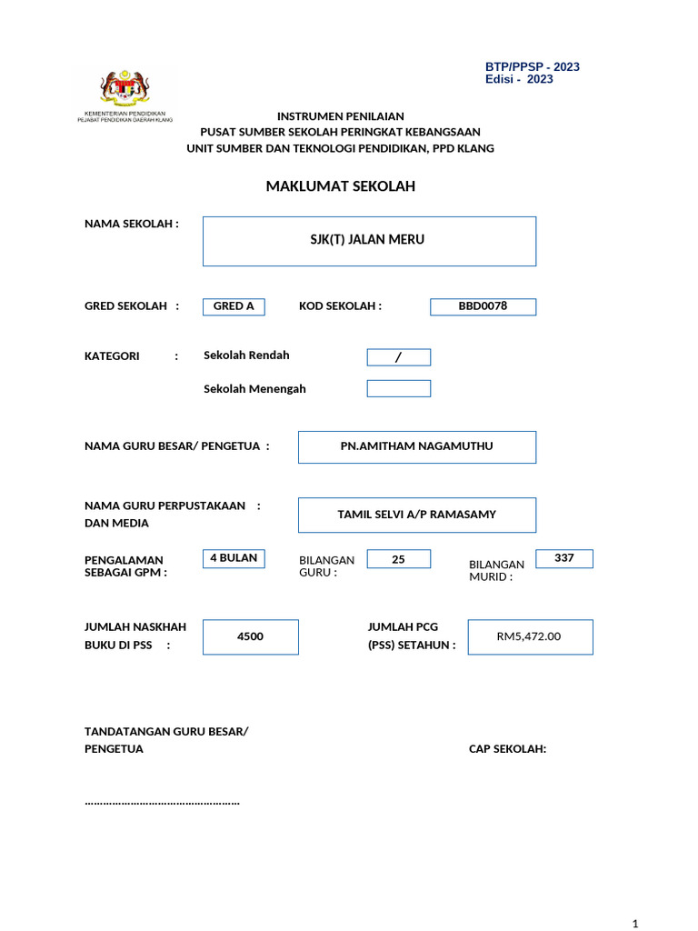 APSS 2023 INSTRUMEN PENILAIAN KENDIRI PSS (Excel) | PDF