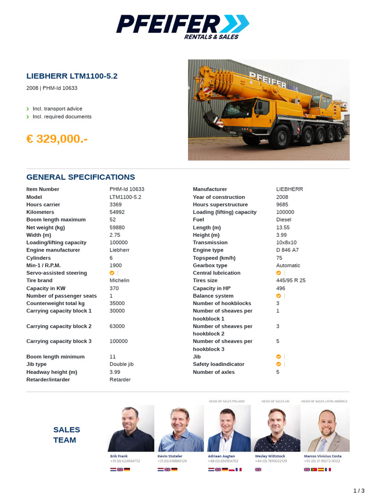 General Specifications LIEBHERR LTM1100-5.2 - PHM-Id 10633 - Pfeifer ...