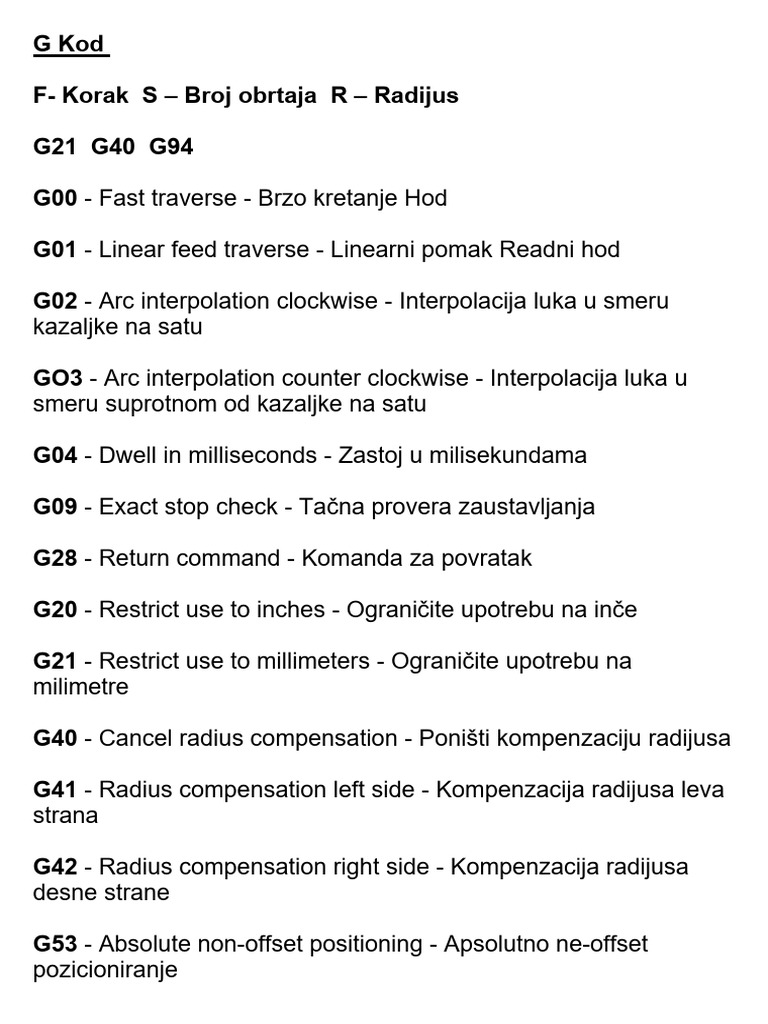 G Kod F-Korak S - Broj Obrtaja R - Radijus G21 G40 G94 G00 G01 G02 | PDF