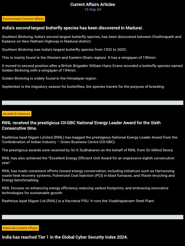 16 Sep 24 Current Affairs Articles | PDF