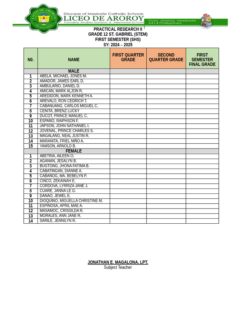 SHS Grading Sheet Template | PDF