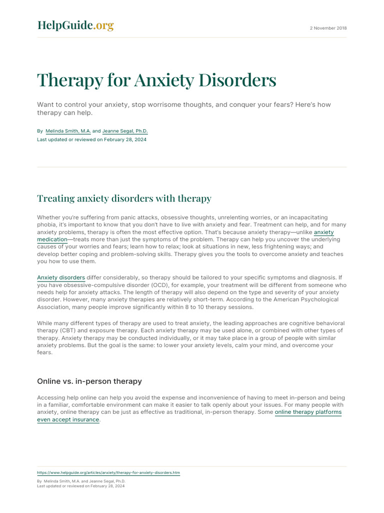 Therapy For Anxiety Disorders | PDF | Anxiety | Cognitive Behavioral ...