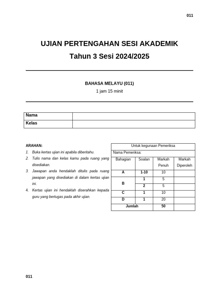 UJIAN PERTENGAHAN SESI AKADEMIK BAHASA MELAYU TAHUN 3 | PDF