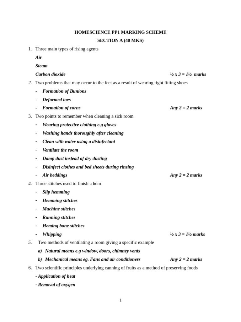 Homescience1 2024 MARKING SCHEME | PDF