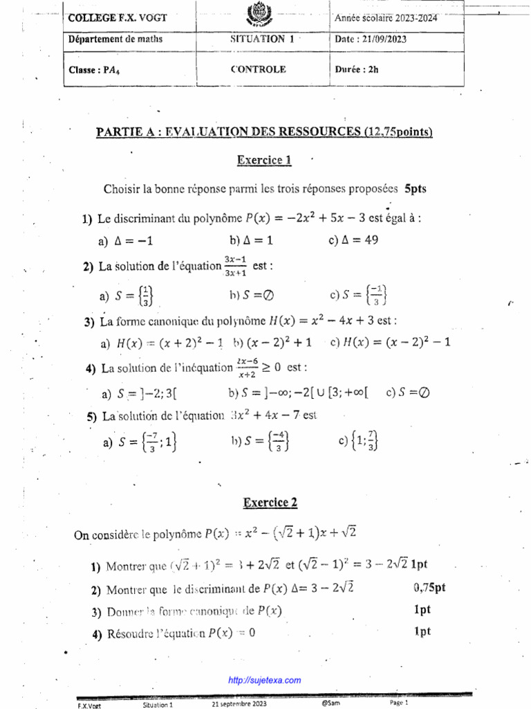 PA4 1ere Seq Maths Col.fxv 2023!2024 | PDF