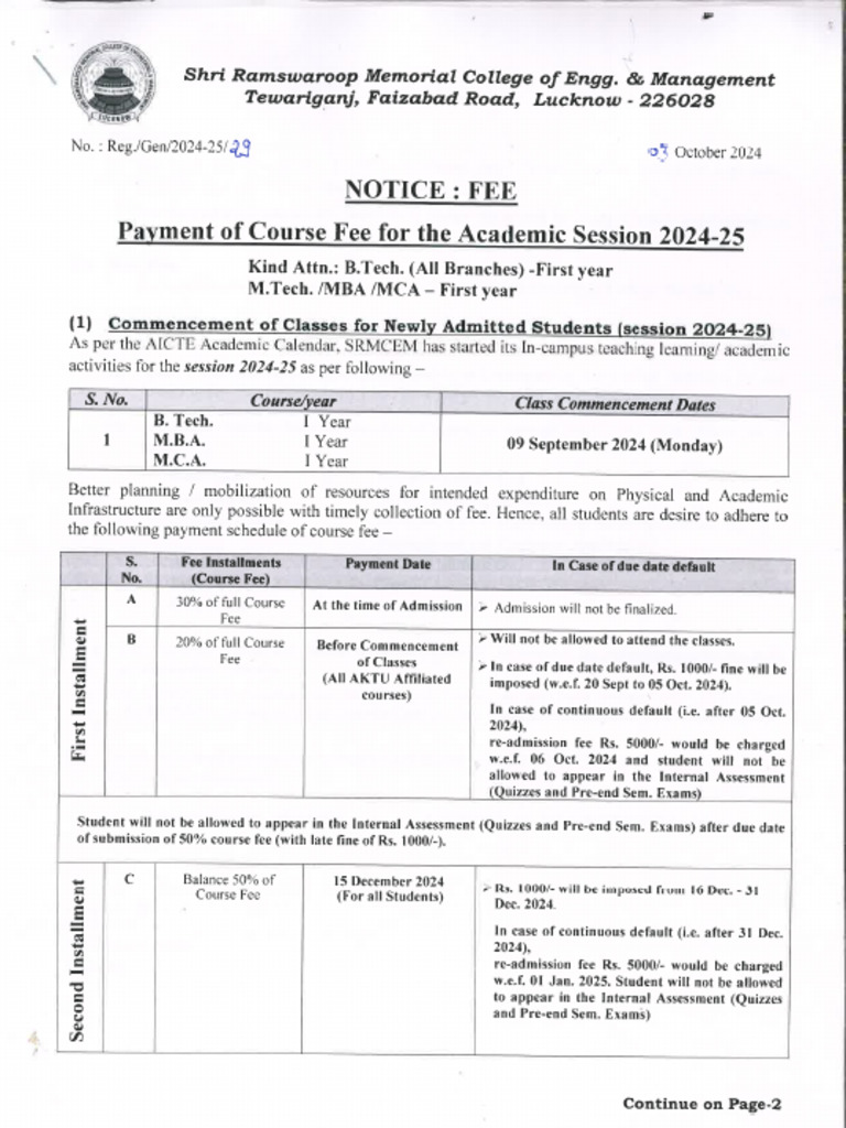 Notice - Fee Submission Schedule For Newly Admitted Students (Session ...
