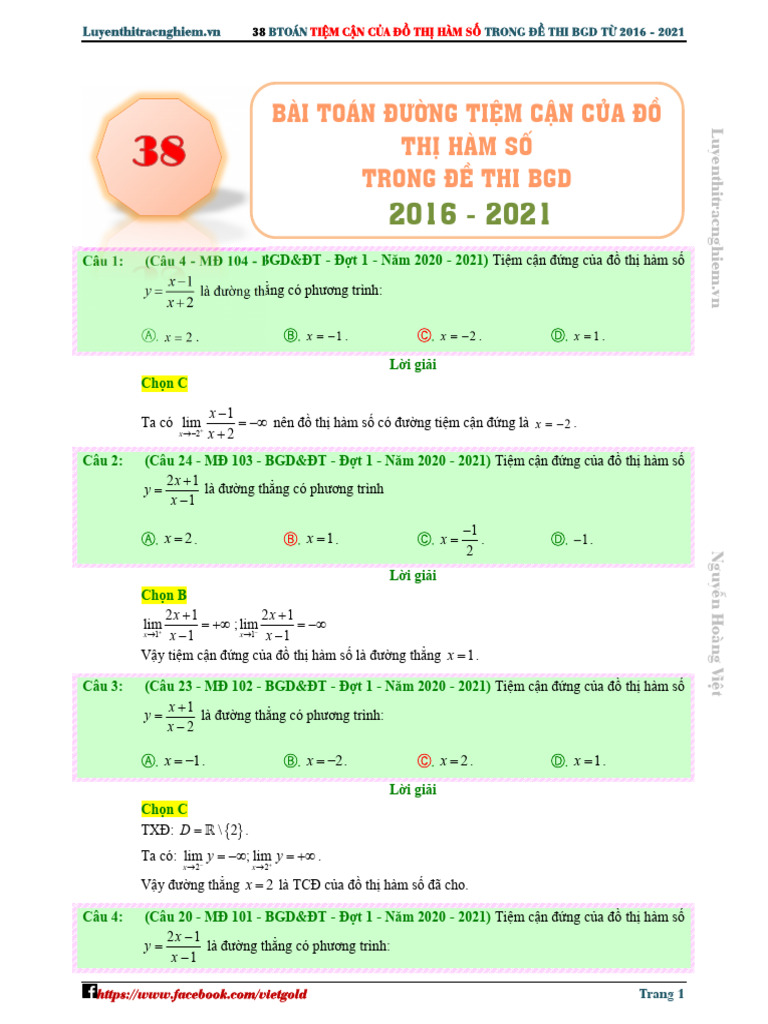 38 Bai Toan Duong Tiem Can Cua Do Thi Ham So Trong de Thi THPT Mon Toan 2016 2021 | PDF