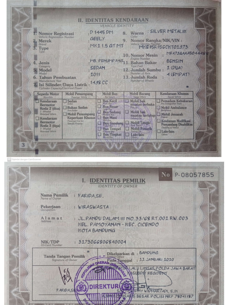 STNK Dan BPKB Gelly Mk1 2011 | PDF