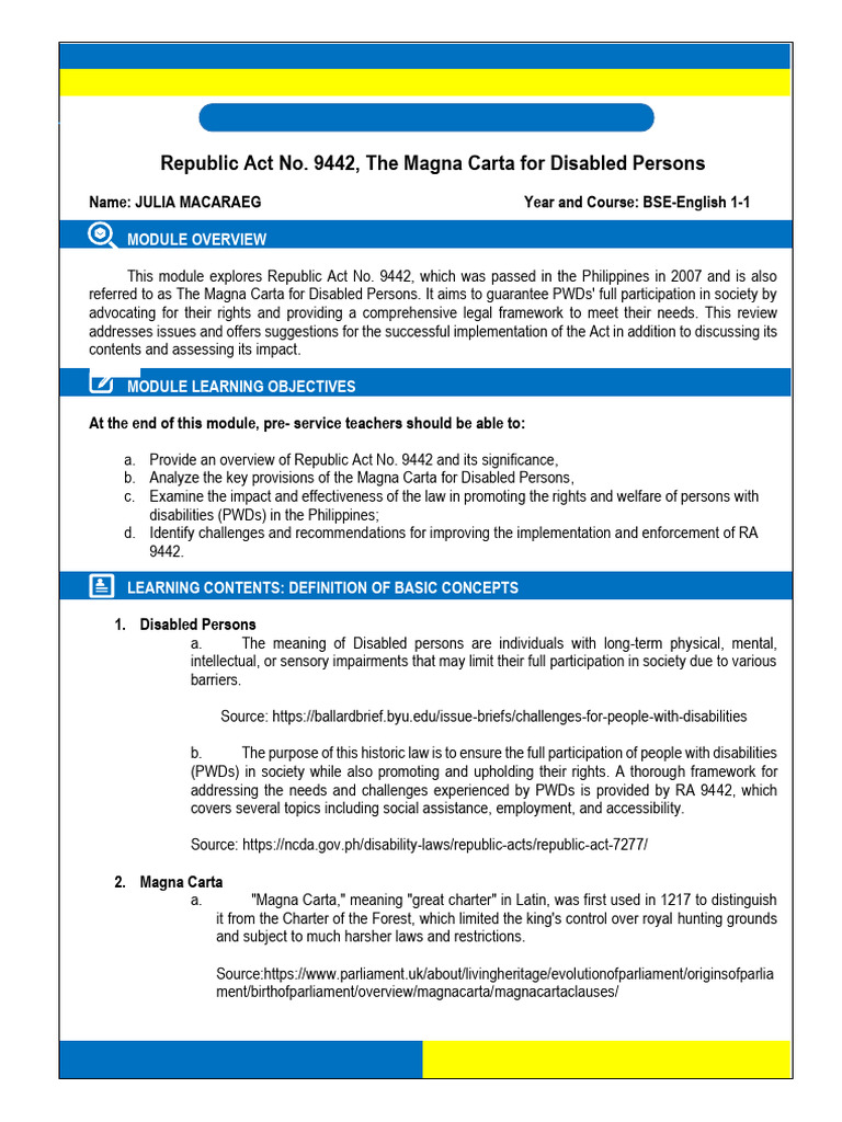 4.7 RA 9442 Magna Carta For Disabled Persons - Macaraeg, Julia D. | PDF