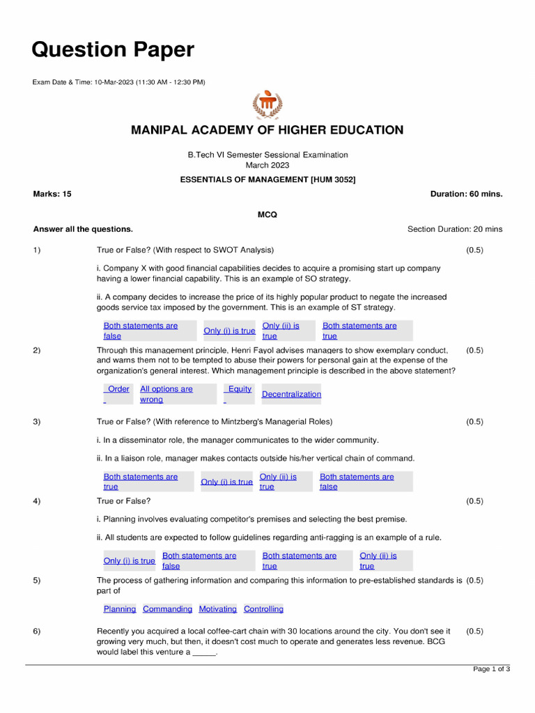 MID TERM EXAM QP - March 2023 | PDF