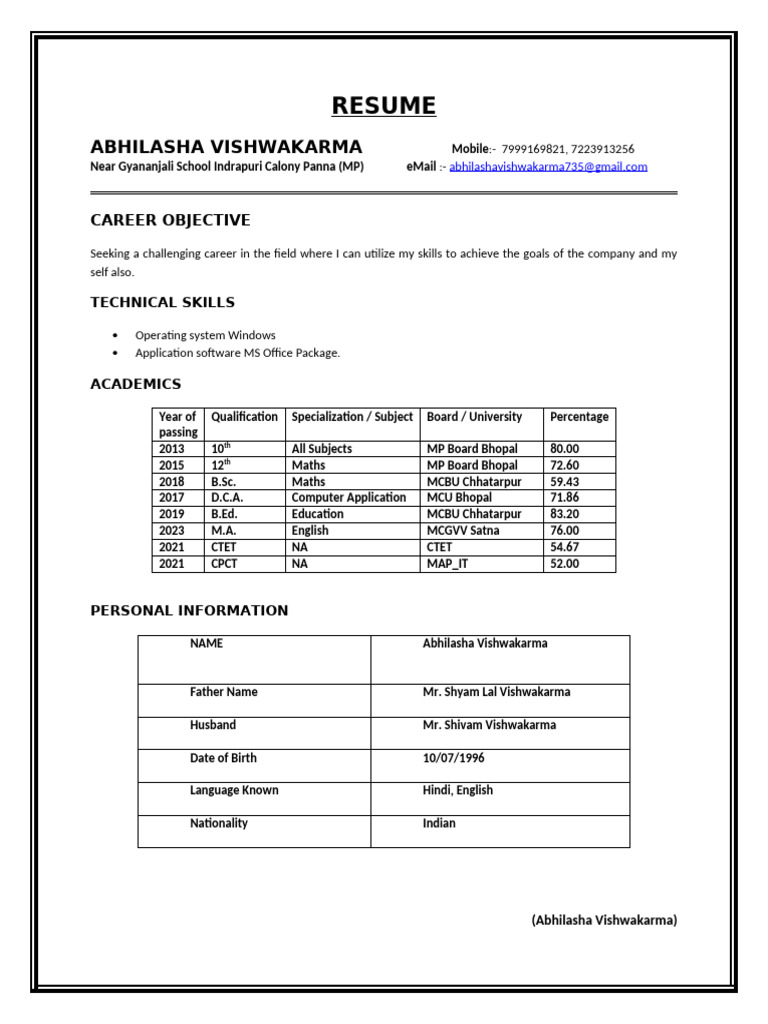 Resume: Abhilasha Vishwakarma | PDF