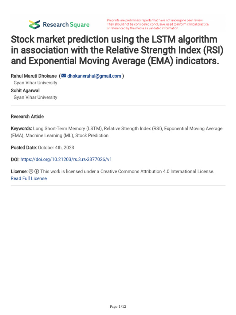 Z.stock Market Prediction Using The LSTM Algorithm I | PDF