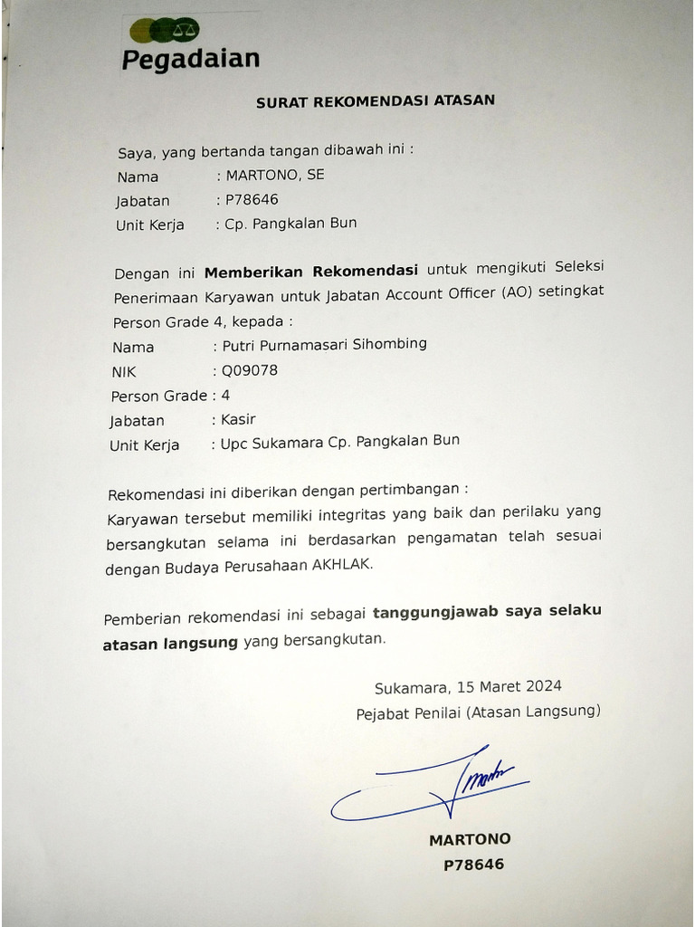 Surat Rekomendasi Atasan | PDF