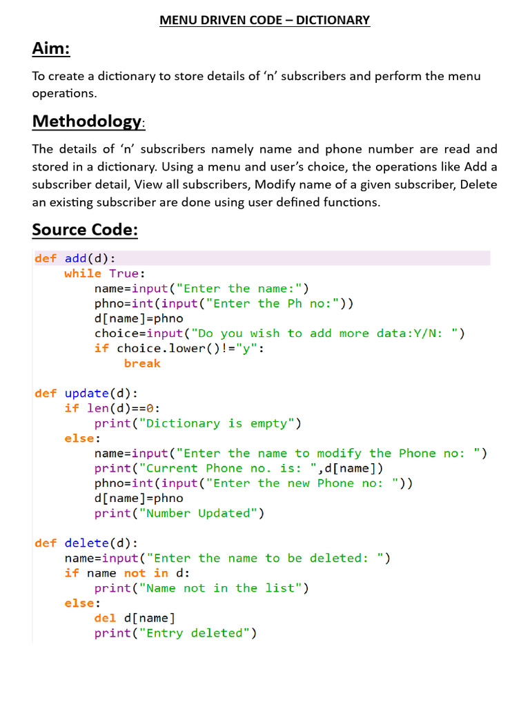 7- MENU DRIVEN CODE – DICTIONARY | PDF