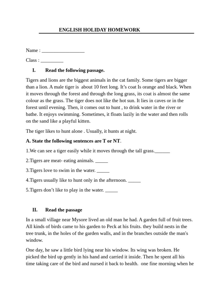 Holiday Homework 4-Class | PDF | Tiger | Home & Garden