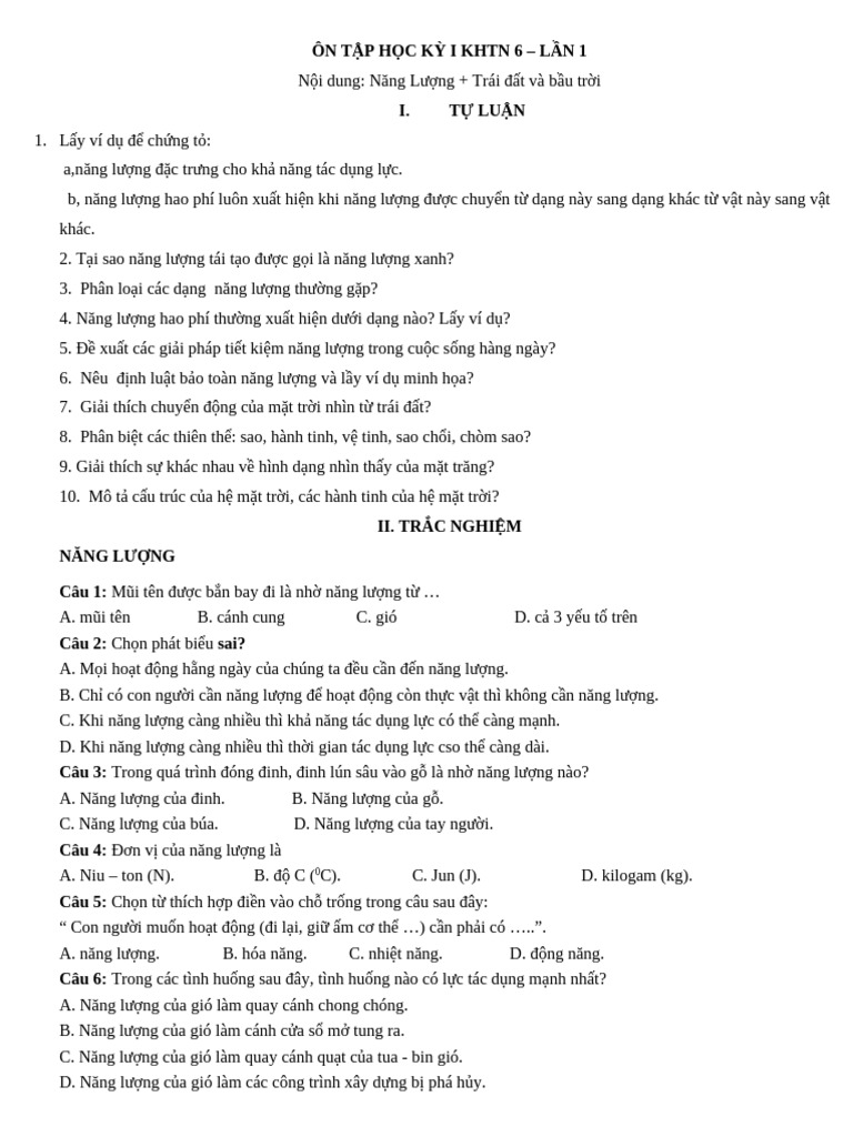 Ôn Tập Học Kỳ i Khtn 6 Lần 1 | PDF