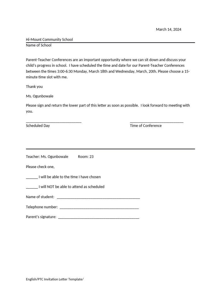 Free Parent Conference Letter Template Word Format Download | PDF