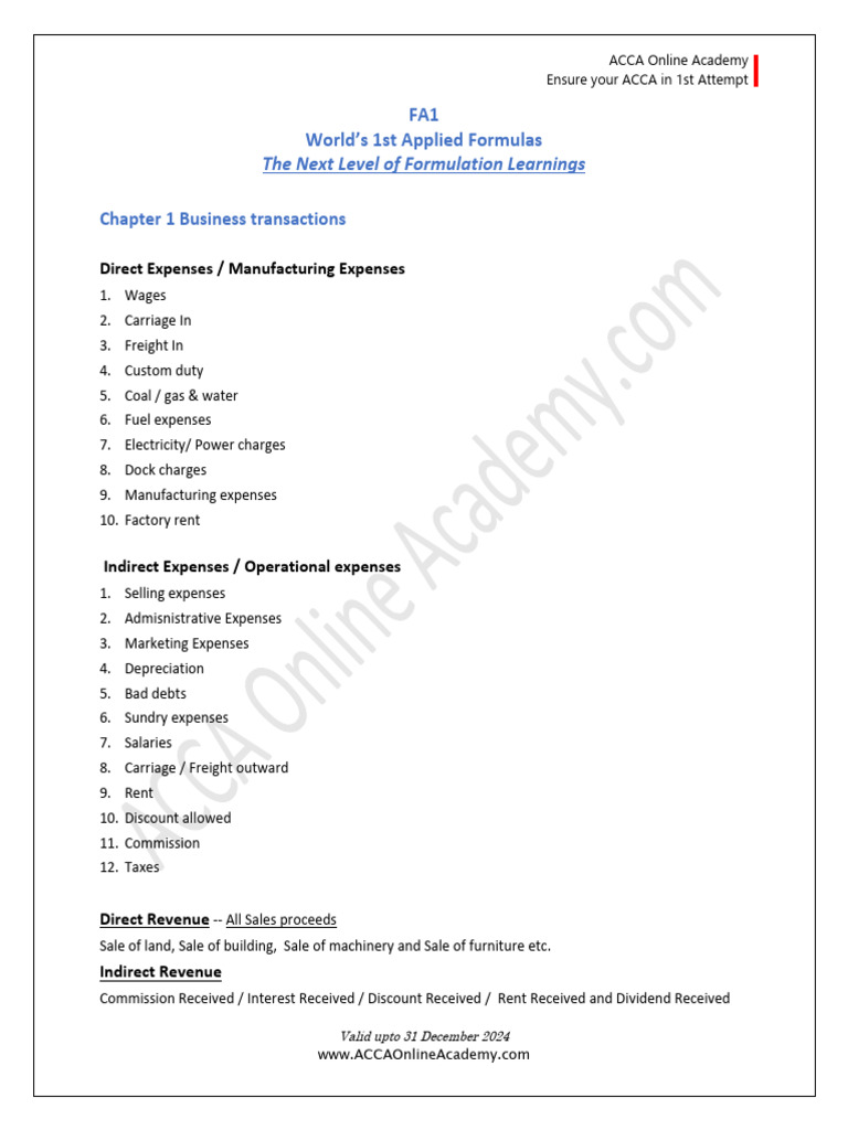 FA1 Formulas Chapter Wise ACCA Online Academy Ewhw5c | PDF