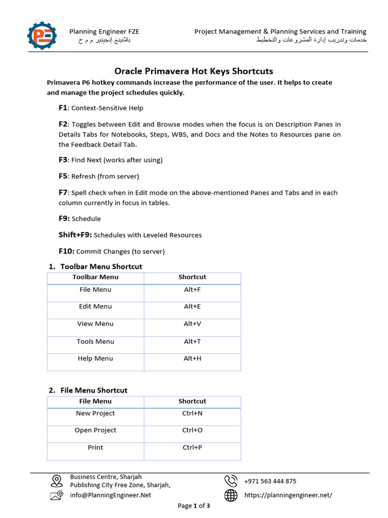 Primavera P6 Shortcuts | PDF