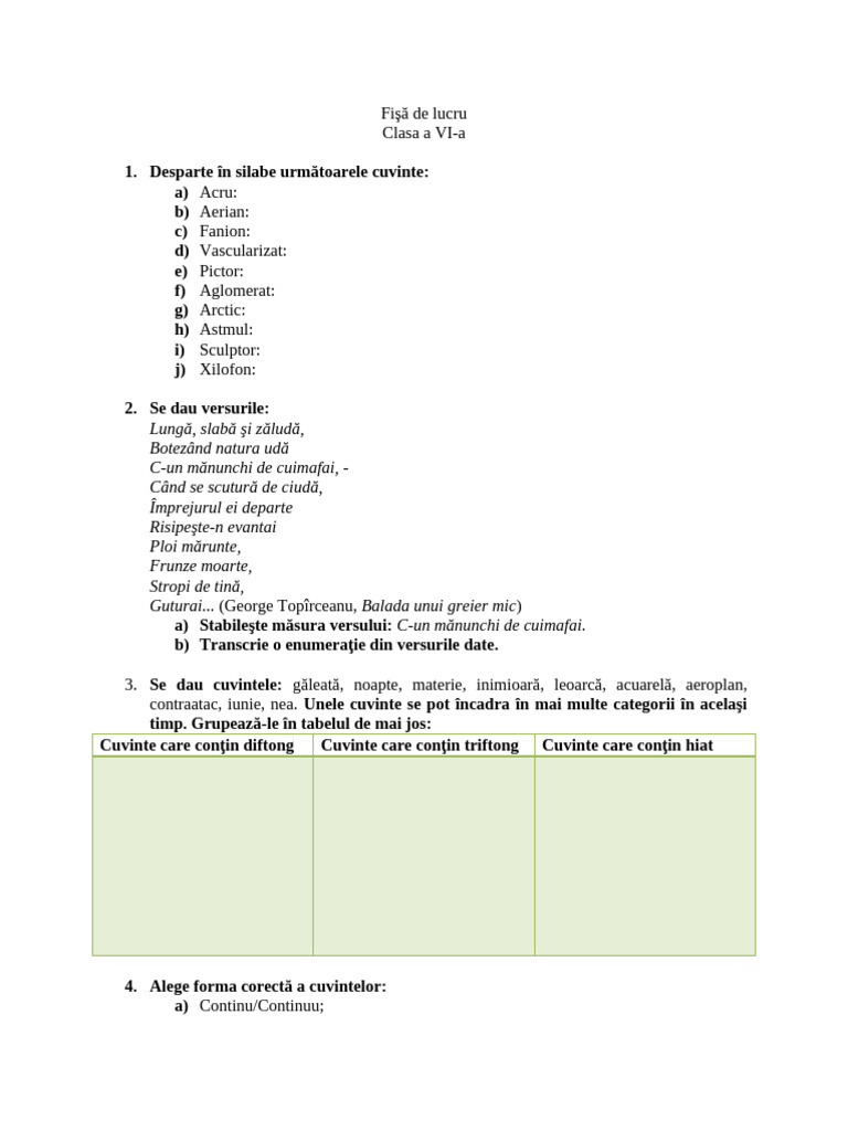 Fisa de Lucru Clasa A Sasea 1 | PDF
