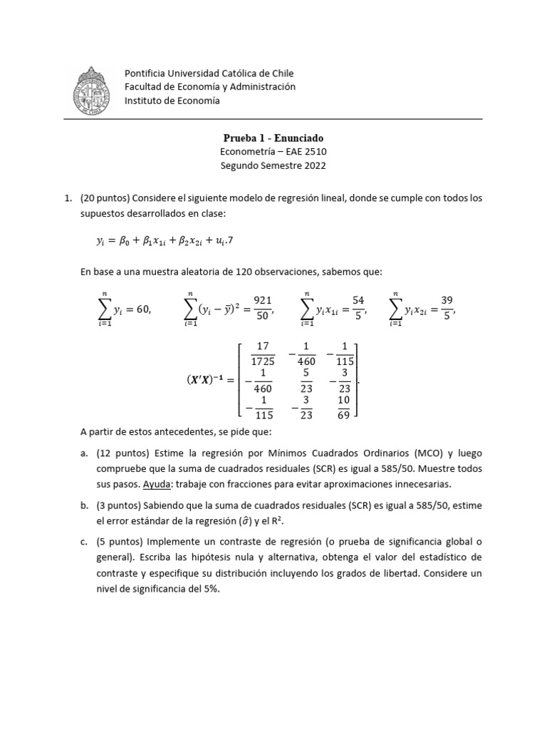 Prueba 1 2022,2 Econometria | PDF