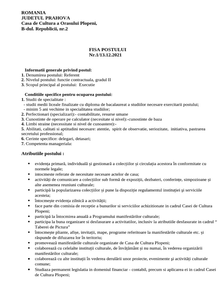 Fisa de Post Referent - Reta | PDF