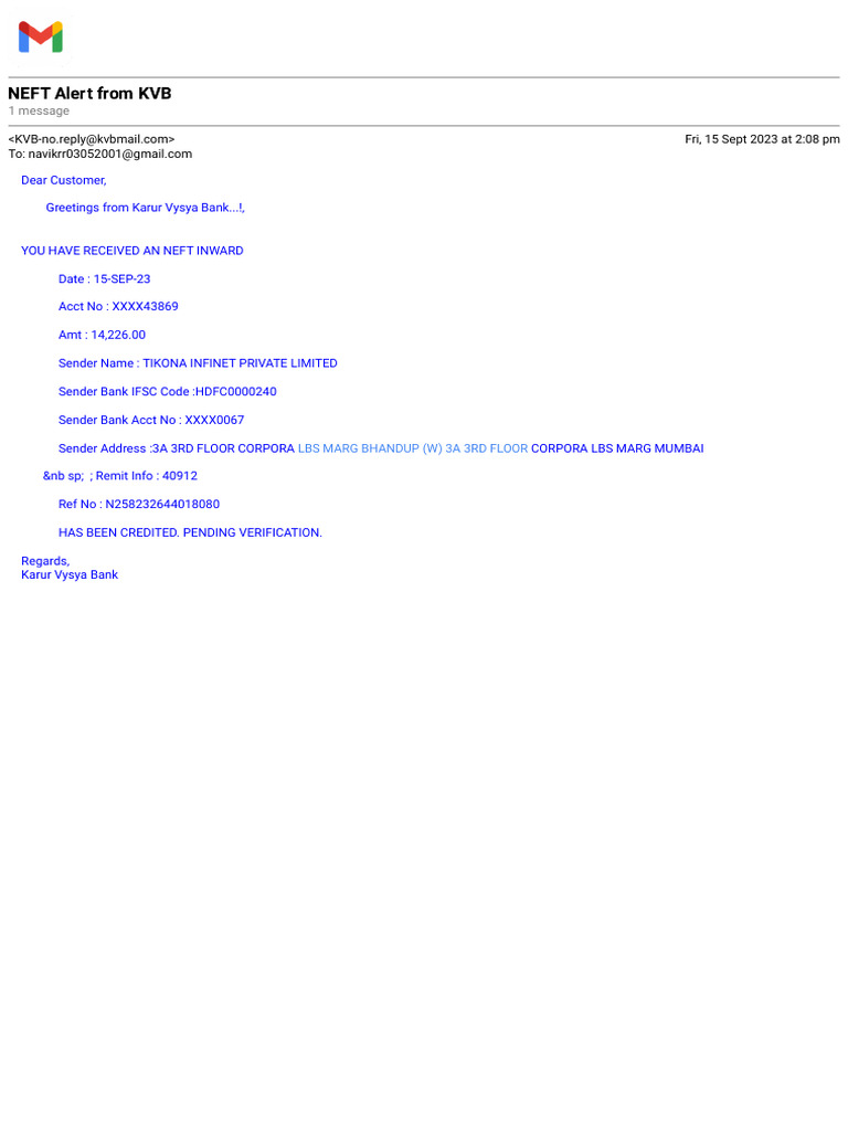 Gmail - NEFT Alert From KVB | PDF