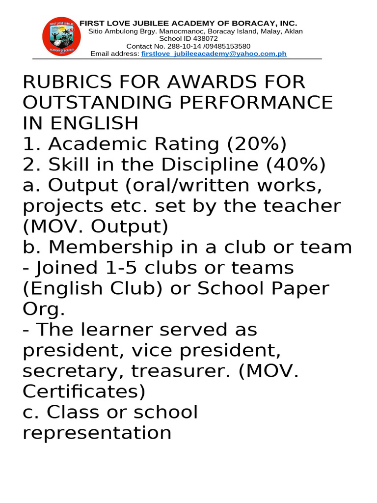 Rubrics For Awards For Outstanding Performance in English | PDF