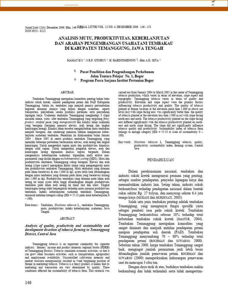 ANALISIS MUTU, PRODUKTIVITAS, KEBERLANJUTAN Dan Arahan Pengembangan Usaha Tani Tembakau Di ...