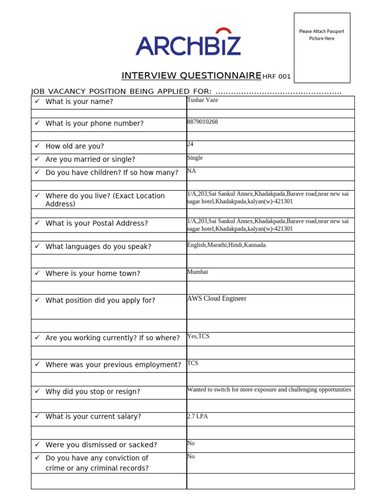 HRF 001 Interview Questionnaire | PDF