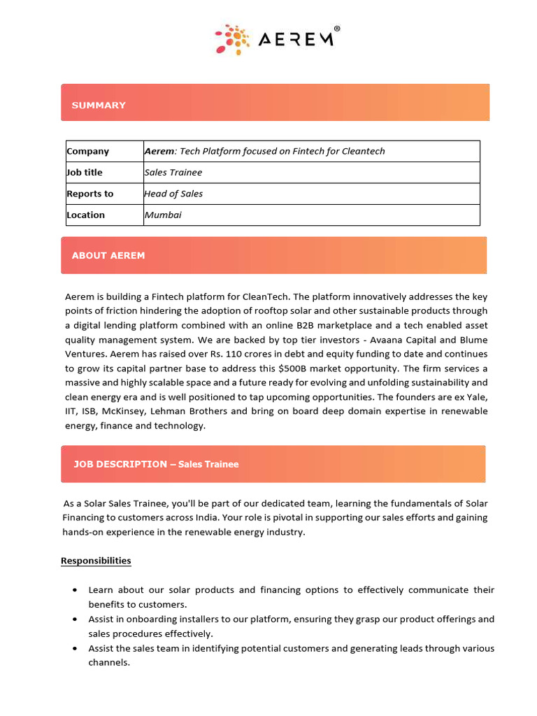 JD - Sales Trainee | PDF