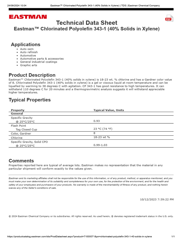 Chlorinated Polyolefin 343-1 (40% Solids in Xylene) - TDS - Eastman ...