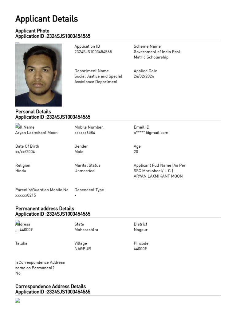 Applicant Details: Applicant Photo Applicationid:2324Sjs1003454565 | PDF