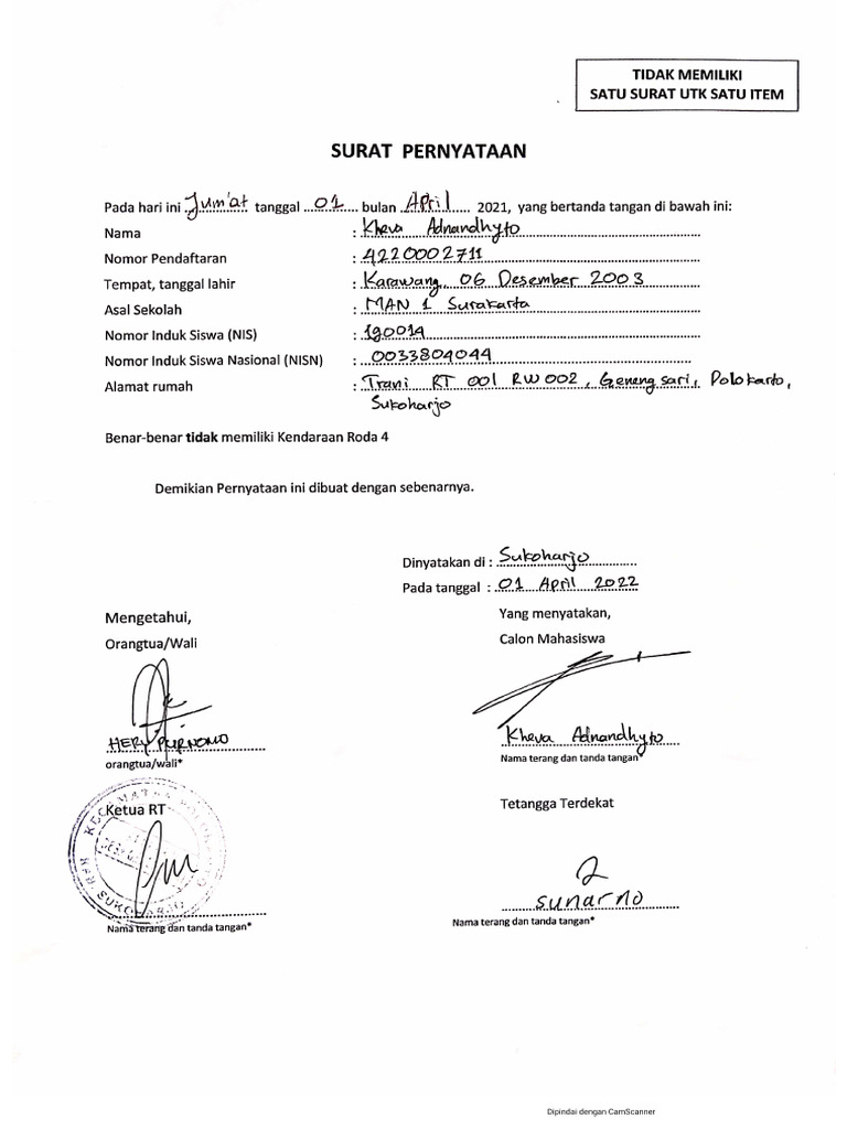 SURAT PERNYATAAN TIDAK MEMILIKI | PDF