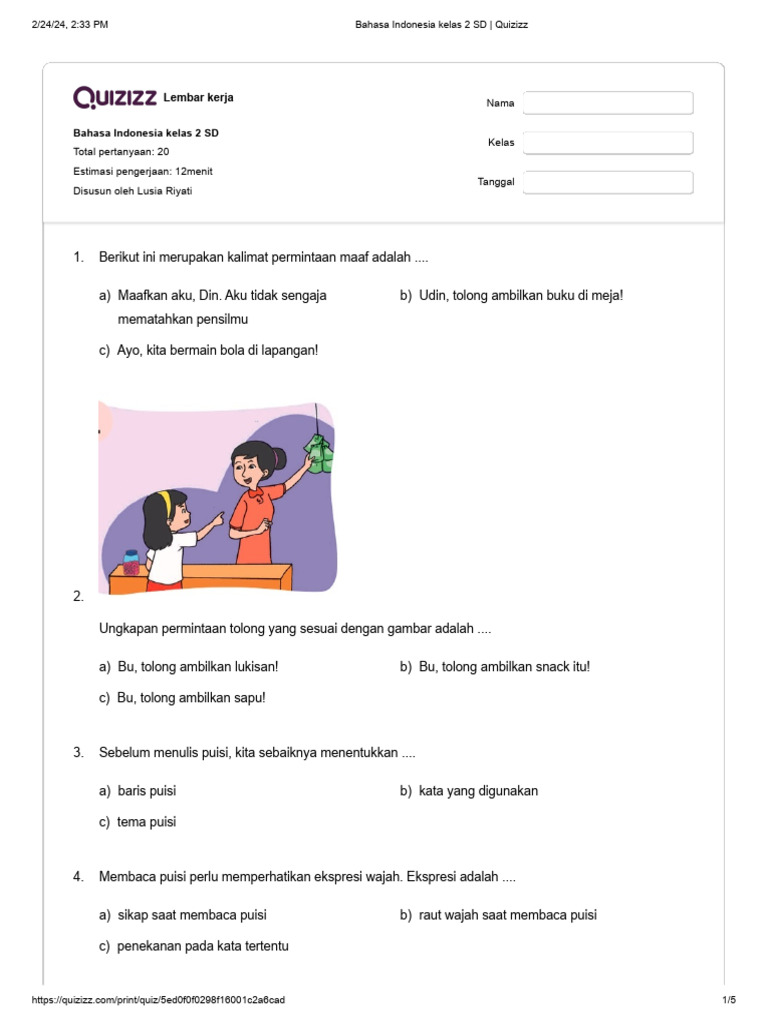 Bahasa Indonesia kelas 2 SD _ Quizizz 2 | PDF