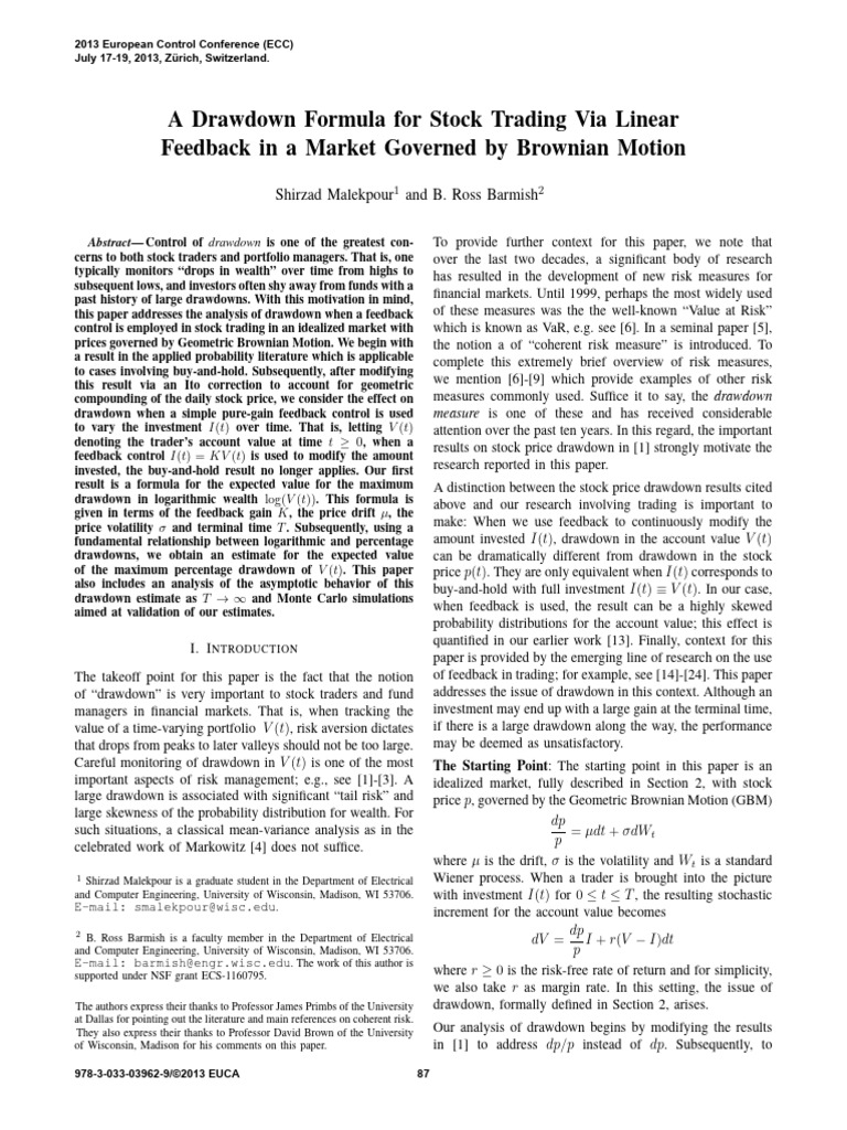 A Drawdown Formula For Stock Trading Via Linear Feedback in A Market ...