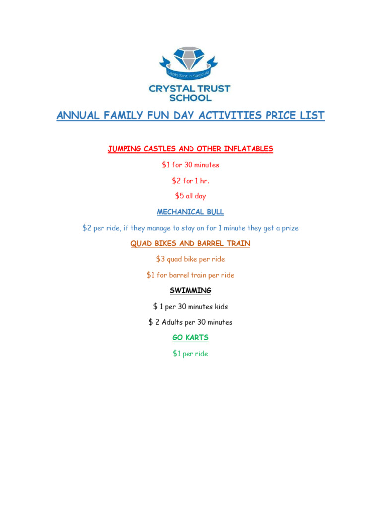 Annual Family Fun Day Activities Price List | PDF