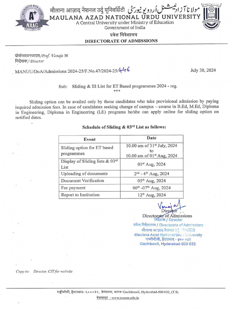 Notice - Sliding & 03rd List For ET Based Programmes 2024 | PDF