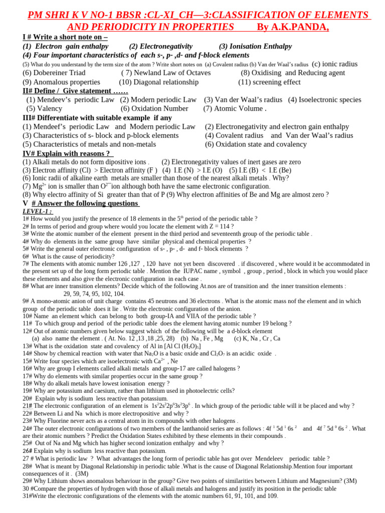 PERIODIC PROPERTIES - XI-assignment - 2024 Latest | PDF | Periodic ...