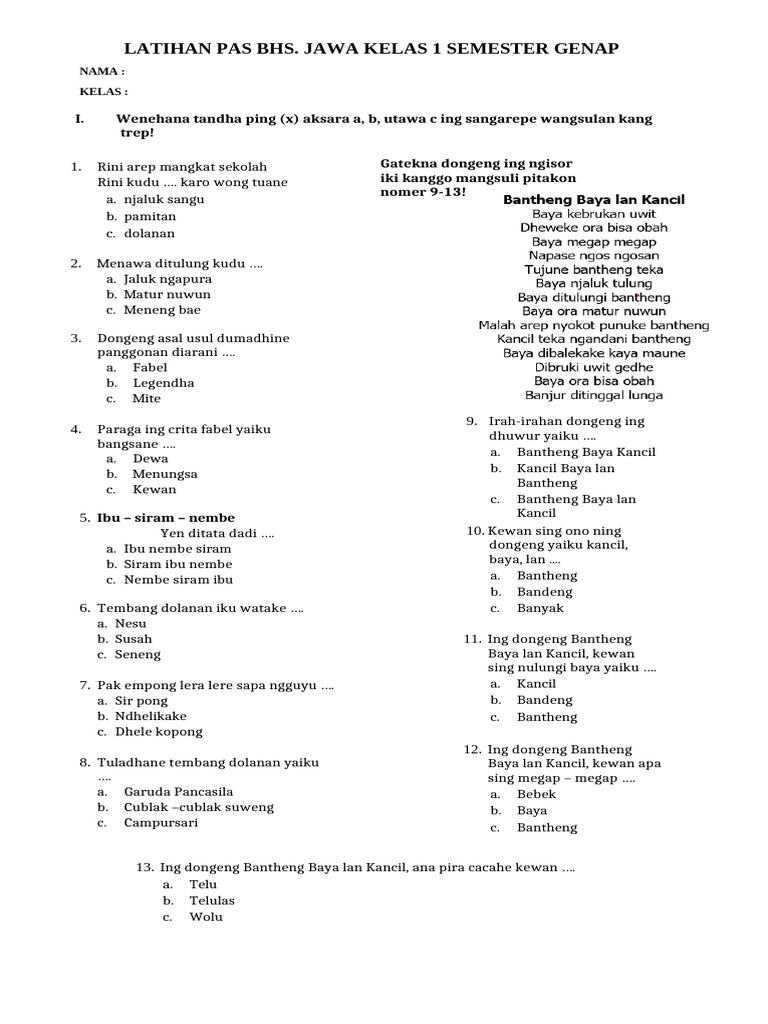 SOAL STS 2 BAHASA JAWA KELAS 1 | PDF