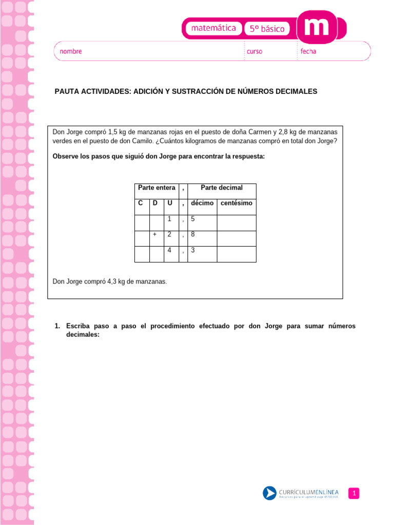 Adición Y Sustracción De Números Decimales Doc Pdf